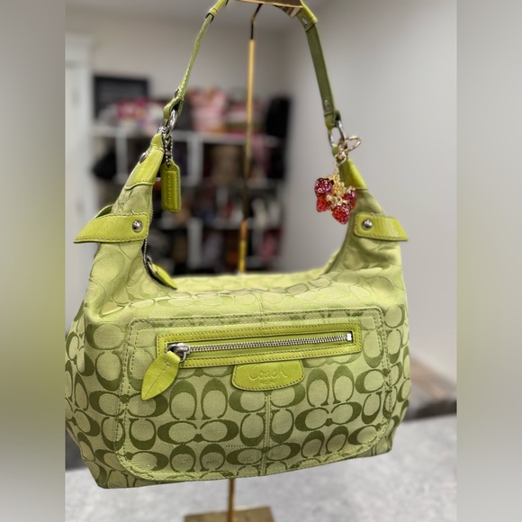 Coach | Bags | Coach Signature Jacquard Lime Green Penelope Hobo Bag ...